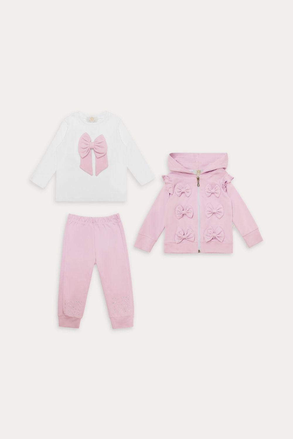 Pink Bow Detail Three-Piece Tracksuit Set with Diamantes